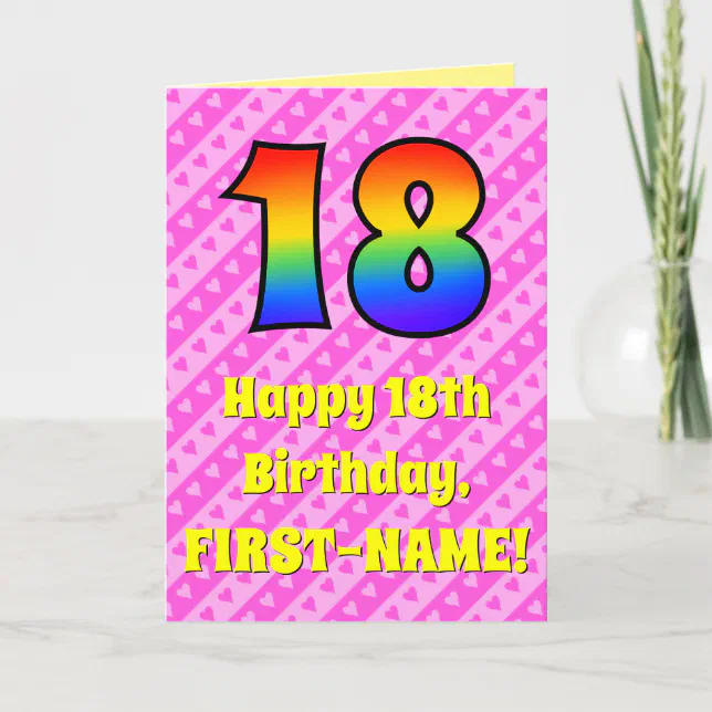 18th Birthday: Pink Stripes & Hearts, Rainbow # 18 Card | Zazzle