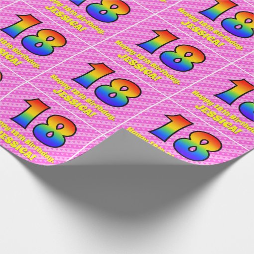 18th Birthday: Pink Stripes & Hearts, Rainbow # 18 Wrapping Paper | Zazzle