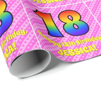 18th Birthday: Pink Stripes & Hearts, Rainbow # 18 Wrapping Paper | Zazzle