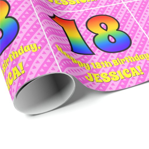 18th Birthday: Pink Stripes & Hearts, Rainbow # 18 Wrapping Paper | Zazzle