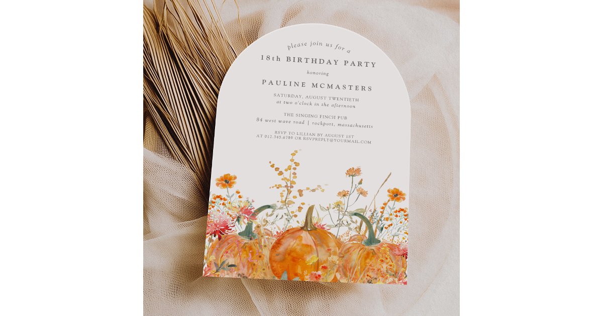 18th Birthday Pumpkin Wildflower Fall Watercolor Invitation | Zazzle