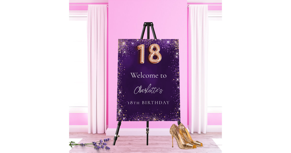 18th birthday purple glitter sparkles welcome foam board | Zazzle