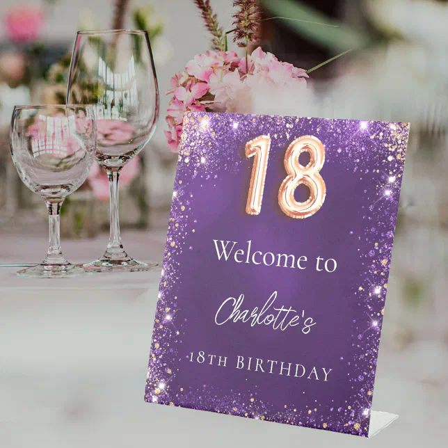 18th birthday purple glitter sparkles welcome pedestal sign | Zazzle