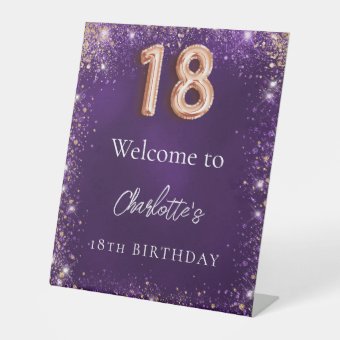 18th birthday purple glitter sparkles welcome pedestal sign | Zazzle