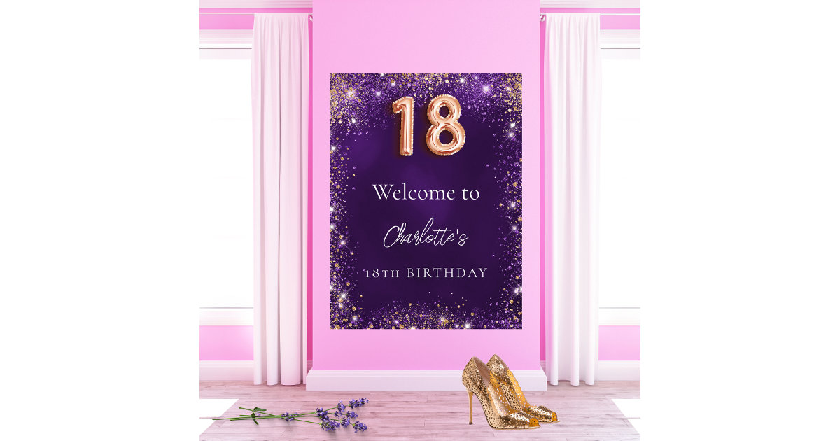 18th birthday purple glitter sparkles welcome poster | Zazzle