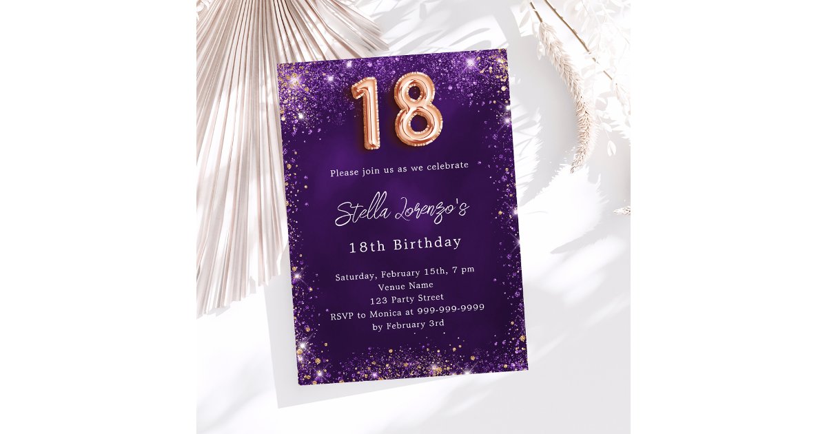 18th Birthday purple rose gold luxury Invitation | Zazzle