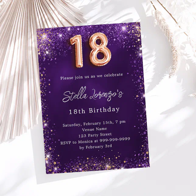 18th Birthday purple rose gold luxury Invitation | Zazzle