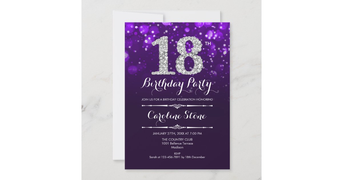 18th Birthday - Purple Silver Invitation | Zazzle