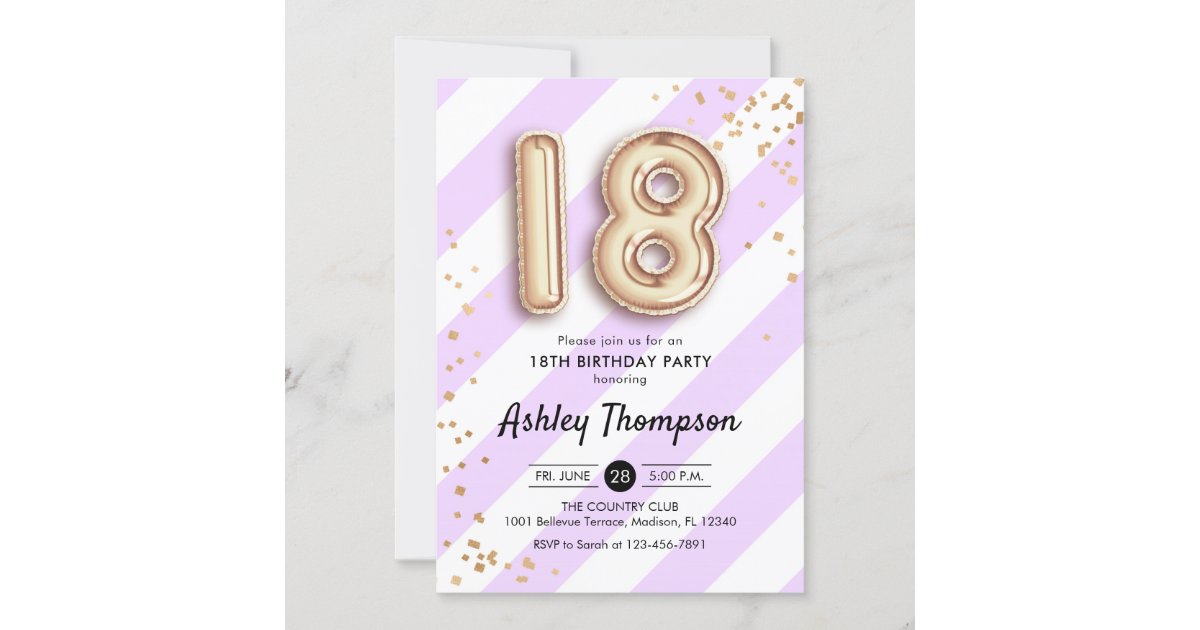 18th Birthday - Purple Stripes Gold Balloons Invitation | Zazzle