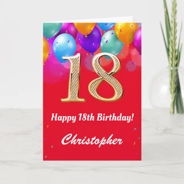 18th Birthday Red and Gold Colorful Balloons Card | Zazzle