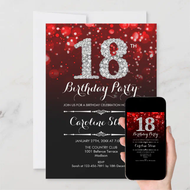 18th Birthday - Red Black Silver Invitation | Zazzle