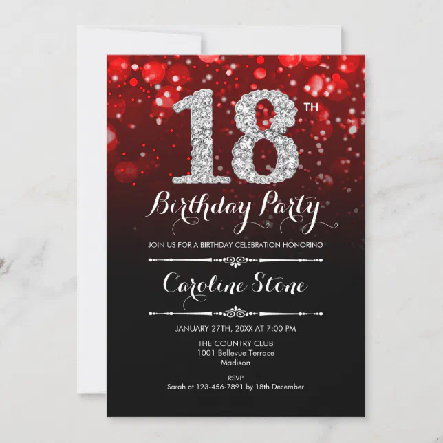 18th Birthday - Red Black Silver Invitation | Zazzle