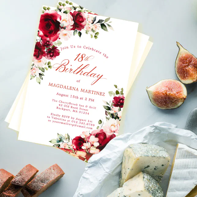18th Birthday Red Rose Pink Peony Floral Invitation | Zazzle