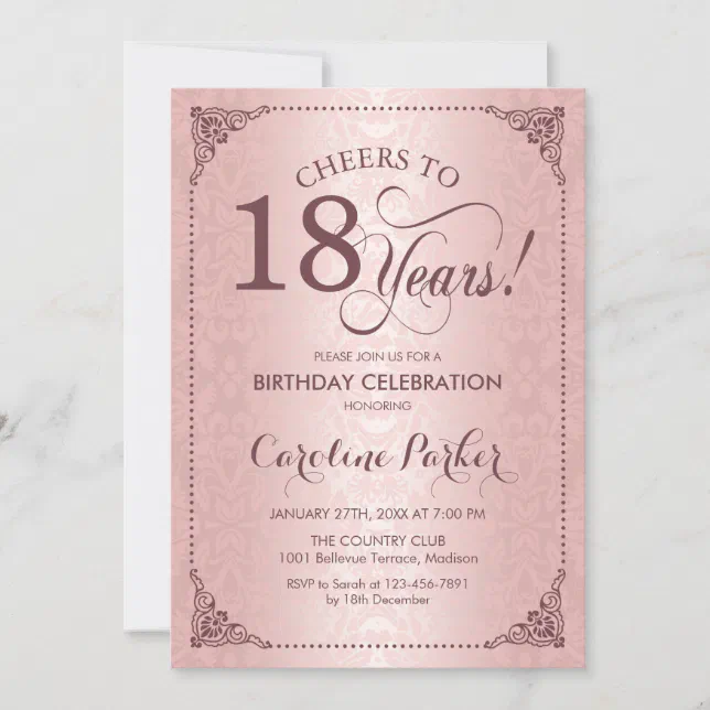 18th Birthday - Rose Gold Damask Invitation | Zazzle
