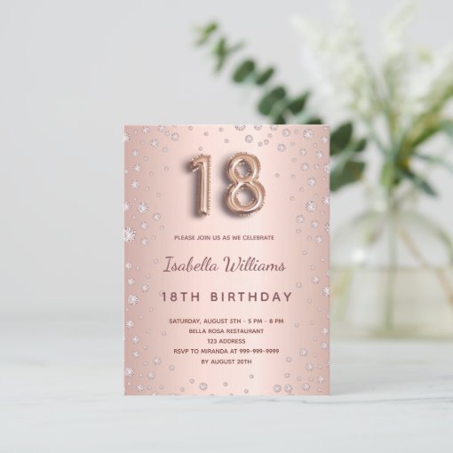 18th birthday rose gold diamons balloon script postcard | Zazzle