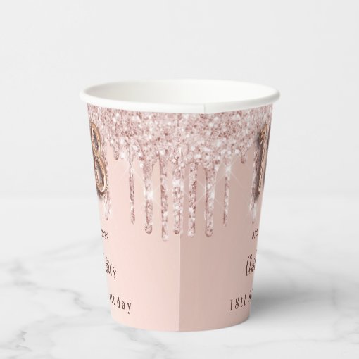 18th birthday rose gold glitter drips monogram paper cups | Zazzle