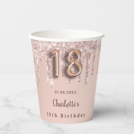 18th birthday rose gold glitter drips monogram paper cups | Zazzle