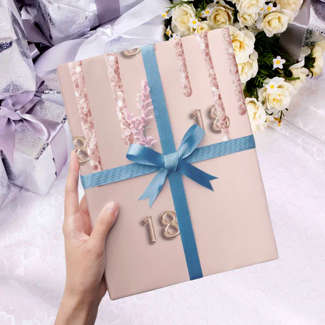 18th Birthday rose gold glitter drips pink Wrapping Paper | Zazzle