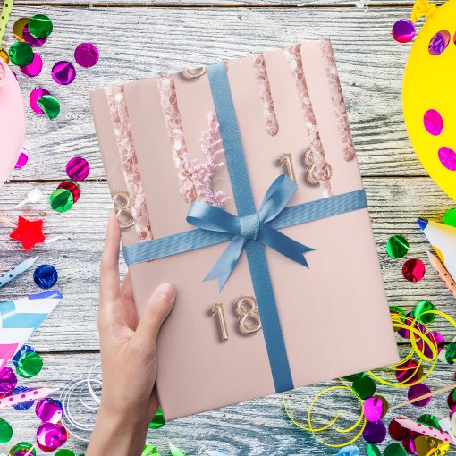 18th Birthday rose gold glitter drips pink Wrapping Paper | Zazzle