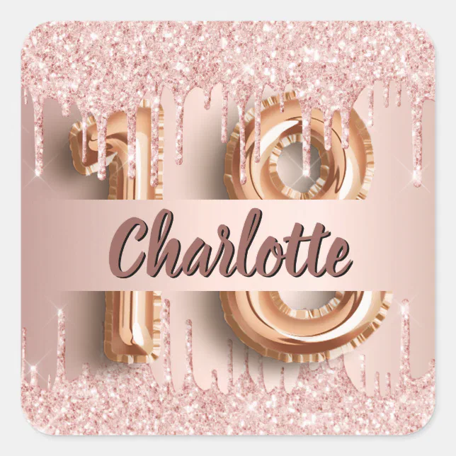 18th birthday rose gold glitter monogram luxury square sticker | Zazzle