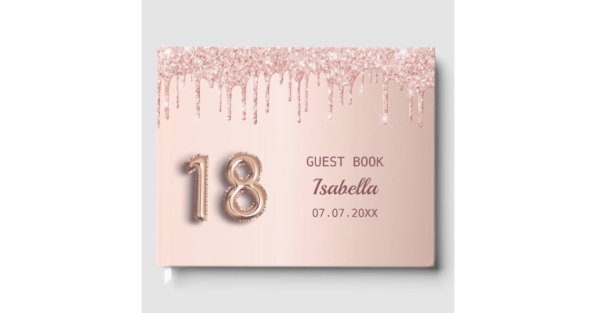 18th birthday rose gold glitter pink balloon font guest book | Zazzle