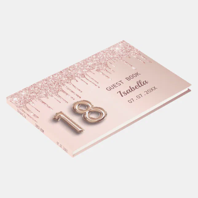 18th birthday rose gold glitter pink balloon font guest book | Zazzle