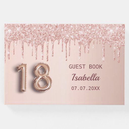 18th birthday rose gold glitter pink balloon font guest book | Zazzle
