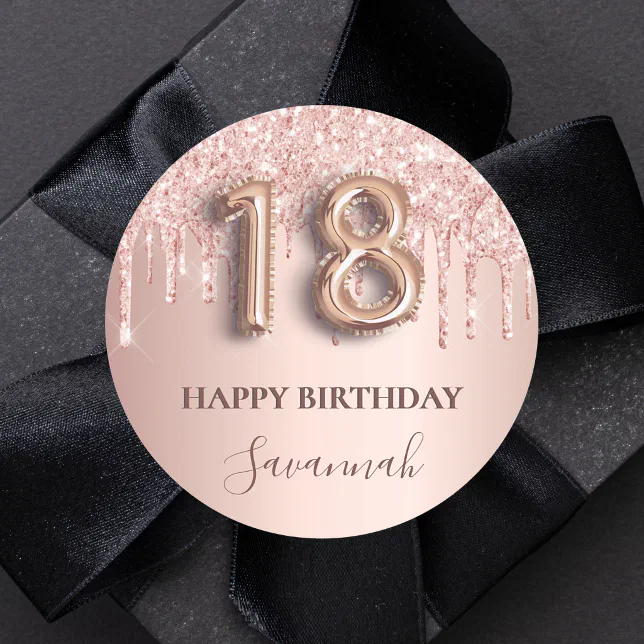 18th Birthday Rose Gold Glitter Pink Balloon Style Classic Round