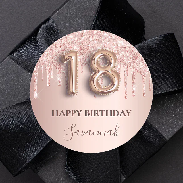 18th birthday rose gold glitter pink balloon style classic round ...