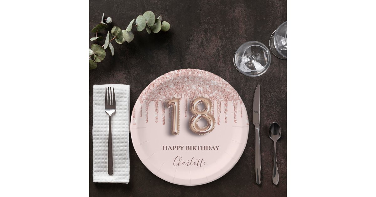 18th birthday rose gold glitter pink balloon style paper plates | Zazzle