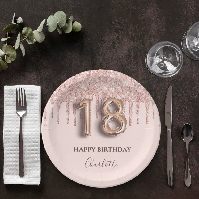 18th birthday rose gold glitter pink balloon style paper plates | Zazzle