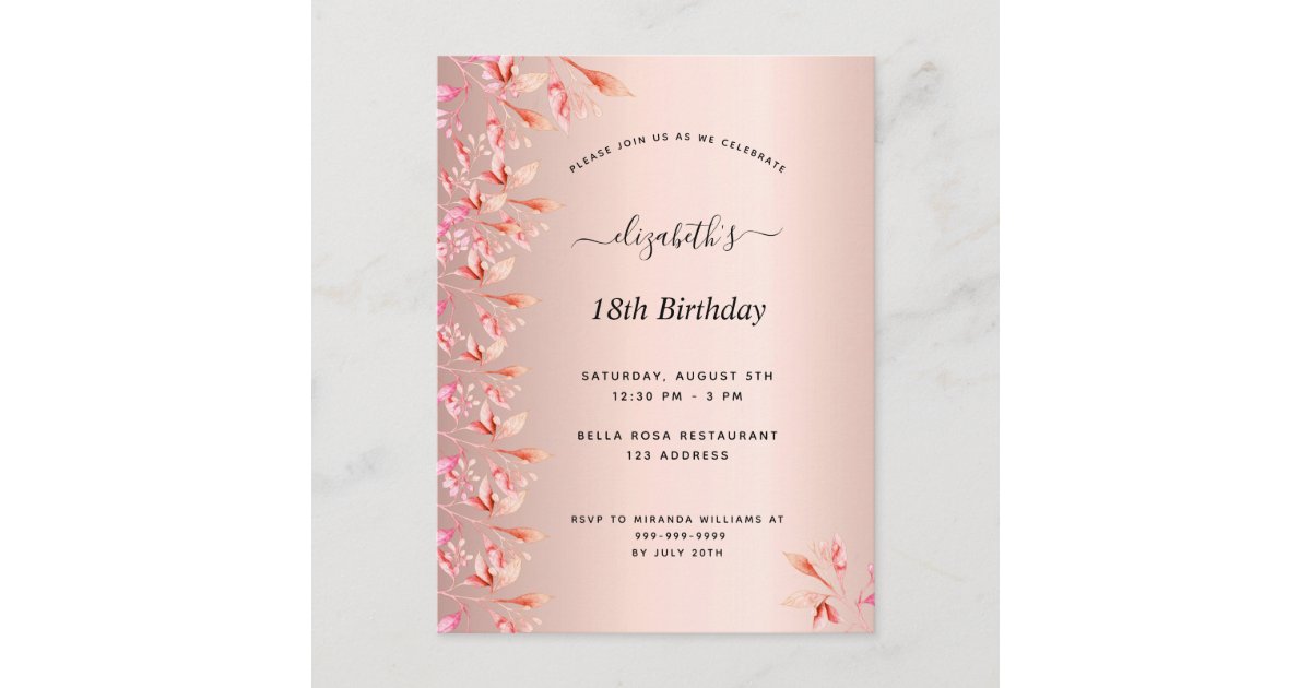 18th birthday rose gold pink floral invitation postcard | Zazzle