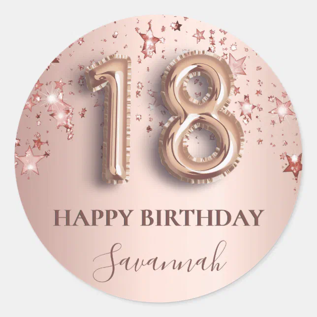 18th birthday rose gold pink stars balloon font classic round sticker ...