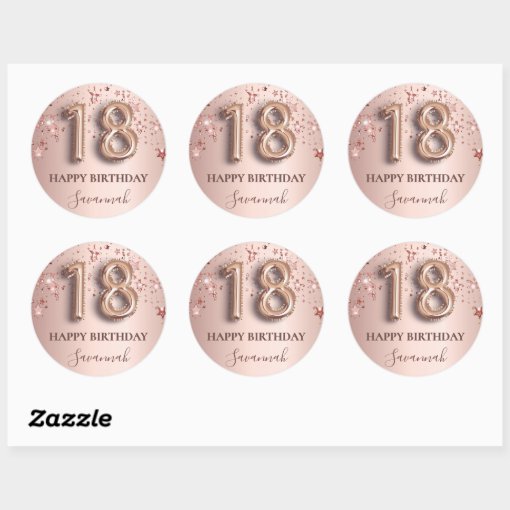 18th birthday rose gold pink stars balloon font classic round sticker ...