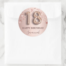 18th birthday rose gold pink stars balloon font classic round sticker ...