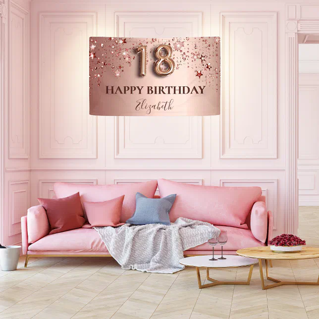 18th birthday rose gold pink stars balloon script banner | Zazzle