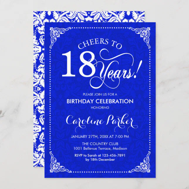 18th Birthday - Royal Blue White Damask Invitation | Zazzle