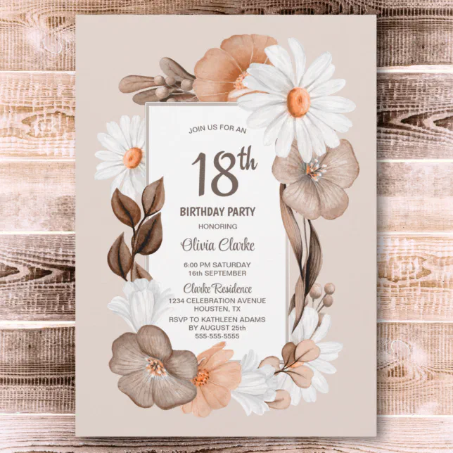 18th Birthday Rustic Boho Floral Party Invitation | Zazzle