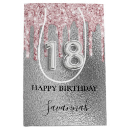 18th birthday silver glitter drips pink monogram medium gift bag | Zazzle