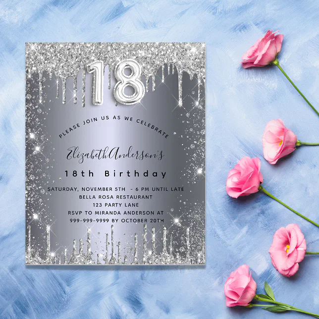 18th birthday silver glitter glamorous invitation postcard | Zazzle