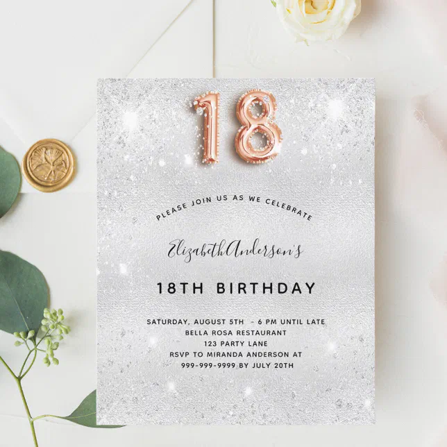 18th birthday silver rose gold glitter invitation | Zazzle