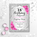 18th Birthday - Silver Stripes Pink Roses Invitation | Zazzle