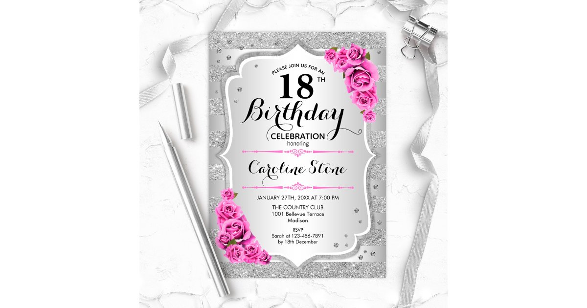 18th Birthday - Silver Stripes Pink Roses Invitation | Zazzle