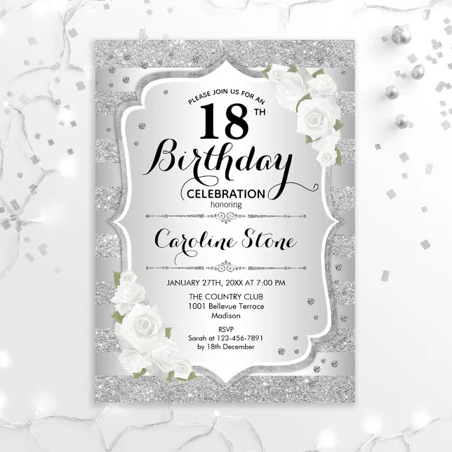 18th Birthday - Silver Stripes White Roses Invitation | Zazzle