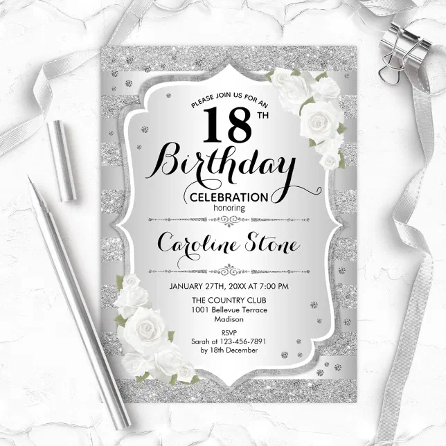 18th Birthday - Silver Stripes White Roses Invitation | Zazzle