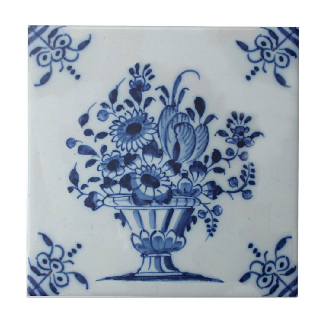 18th Century Dutch Delft Flower Arrangement Repro Ceramic Tile | Zazzle
