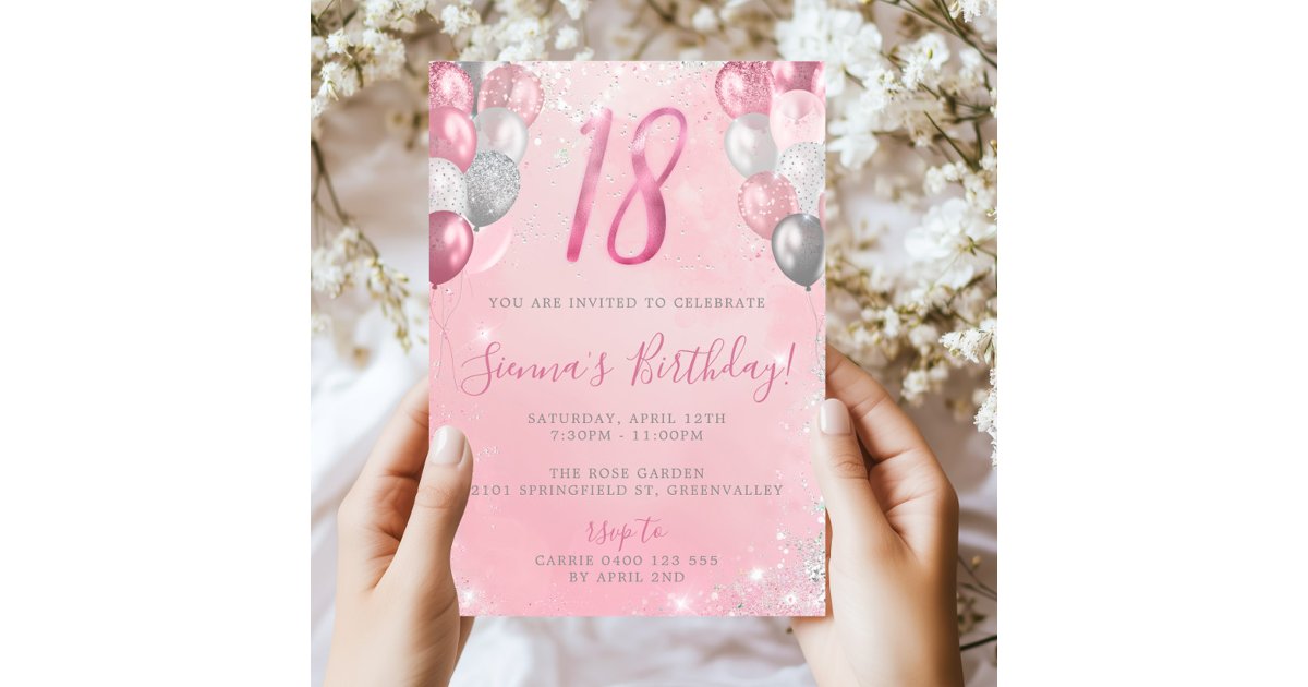 18th Glitter Birthday Pink & Silver Balloons Invitation | Zazzle