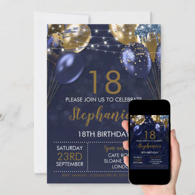 18th Invite Navy Gold Birthday Invitation | Zazzle