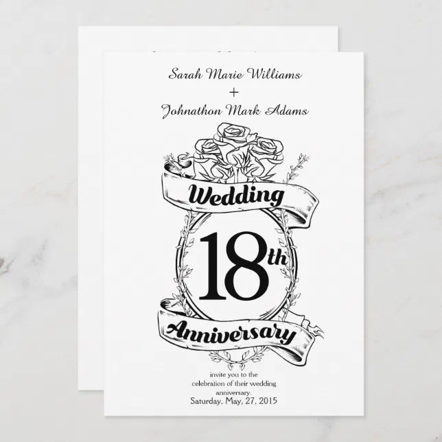 18th Wedding Anniversary Black and White Roses Invitation | Zazzle