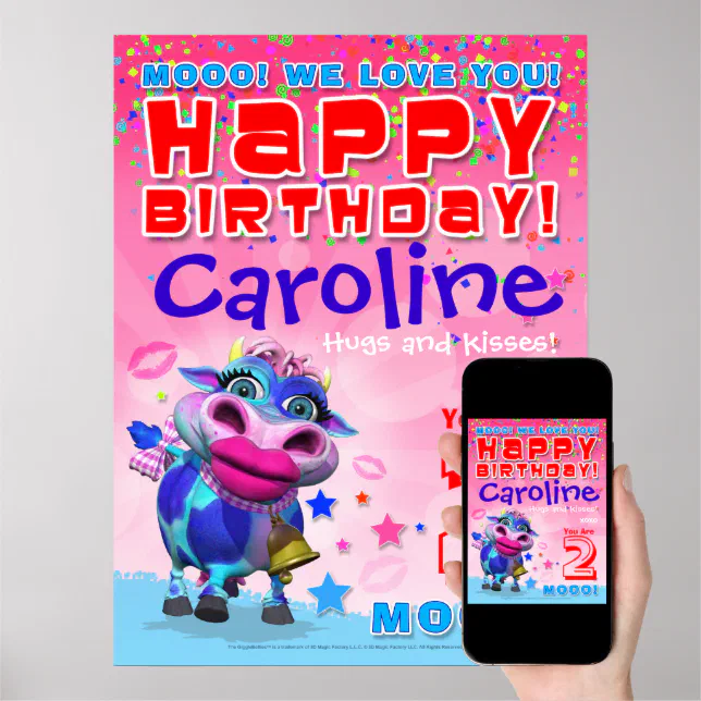 18x24" GiggleBellies Kissy Moo Birthday Poster | Zazzle